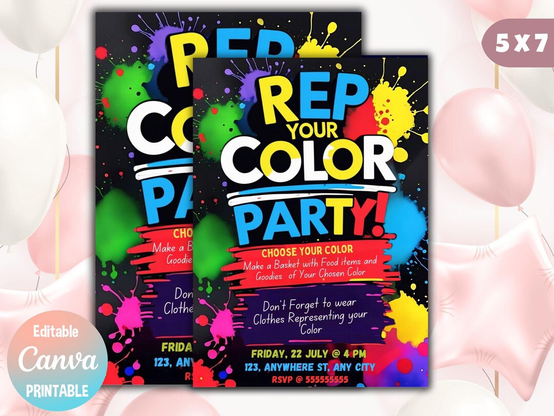 Editable Color Theme Birthday Invitation: DIY Party Invite (5x7 Inches ...