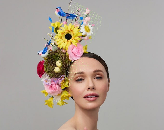 Silk Floral Bird Nest on a Headband, Kentucky Derby Fascinator, Bird ...