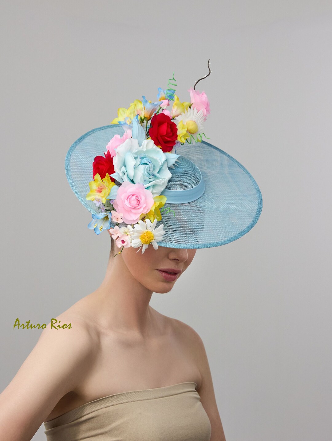Baby Blue Derby Hat With Silk Bouquet, Floral Derby Hat, Kentucky Derby ...