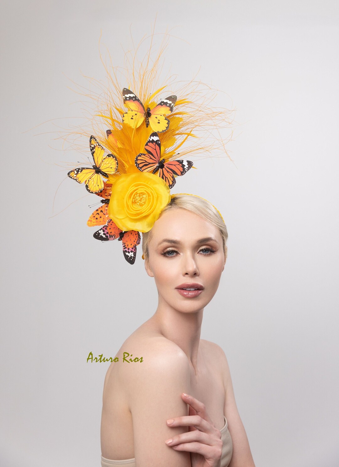 Golden Yellow Monarch Fascinator, Feathered Butterfly Headband, Fall ...