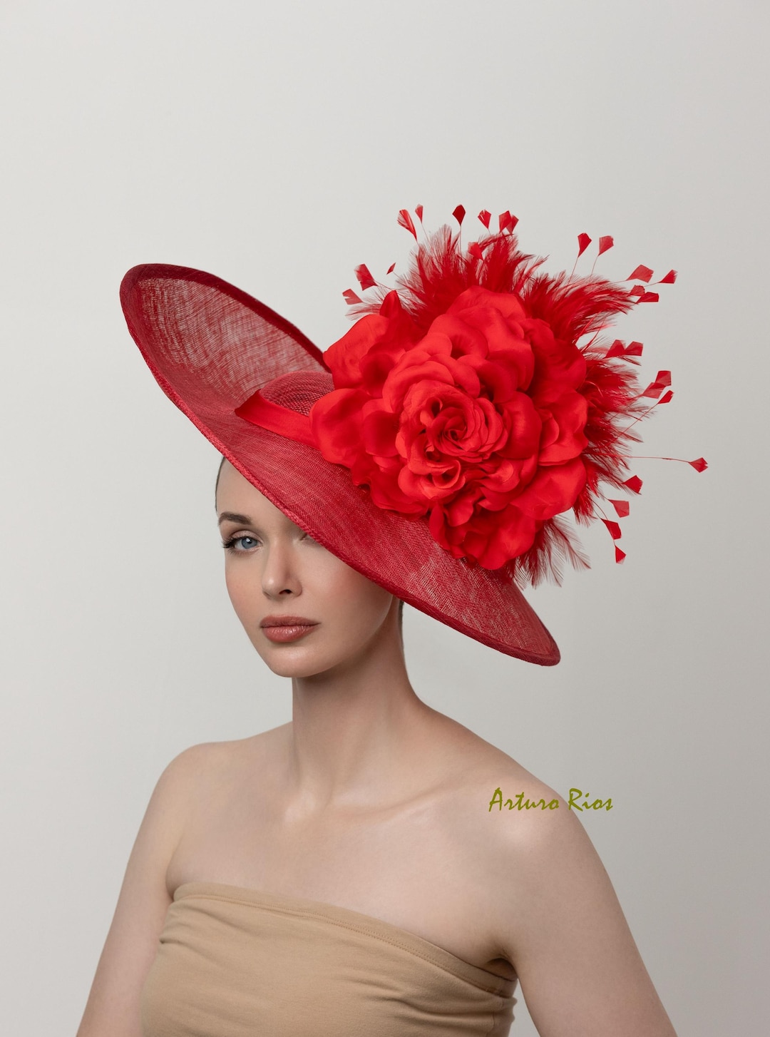Large Red Kentucky Derby Hat, Derby Sinamay Hat With Rose and Feathers ...
