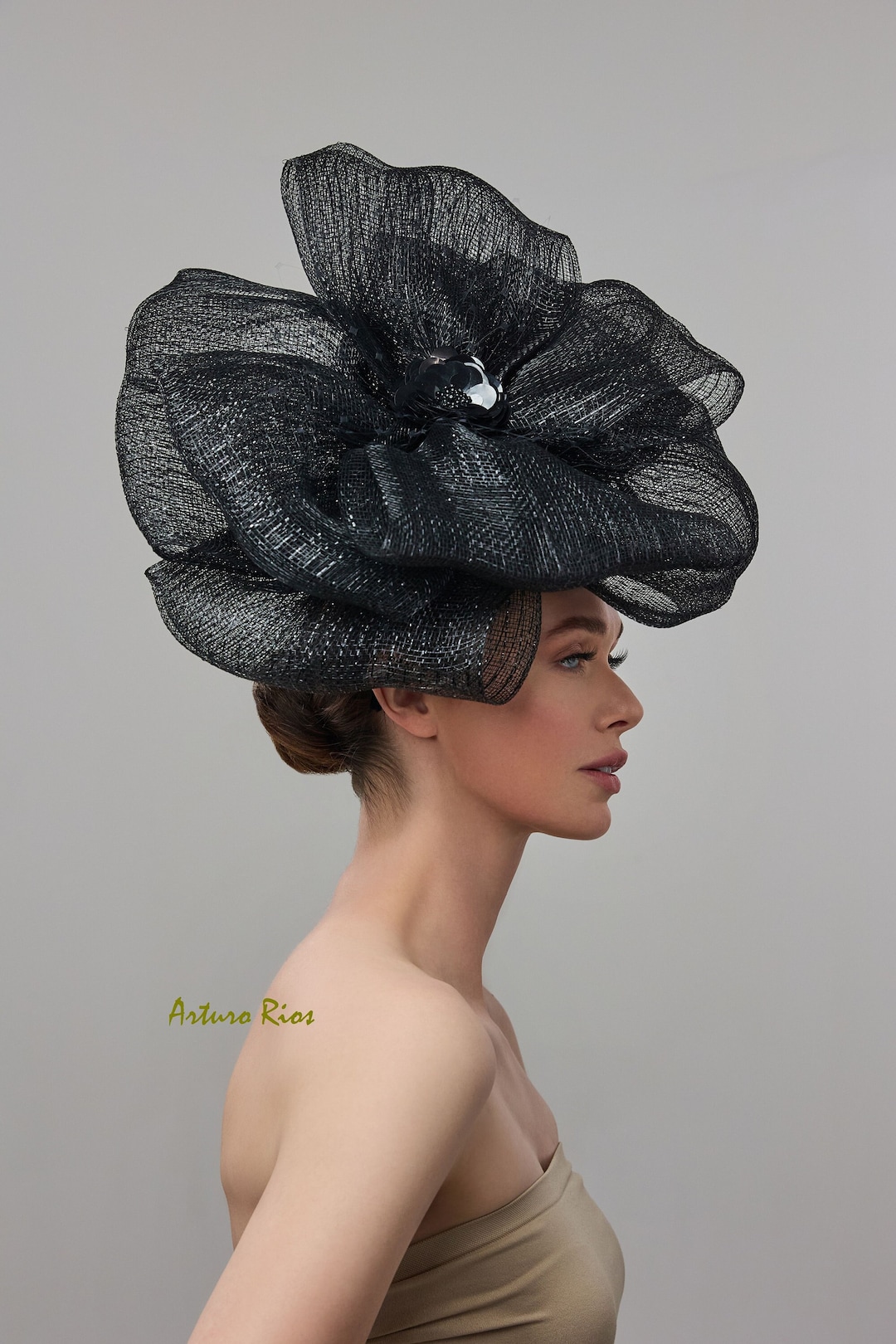 Black Couture Mesh Headpiece, Gala Black Bow Hat on a Headband, Derby ...