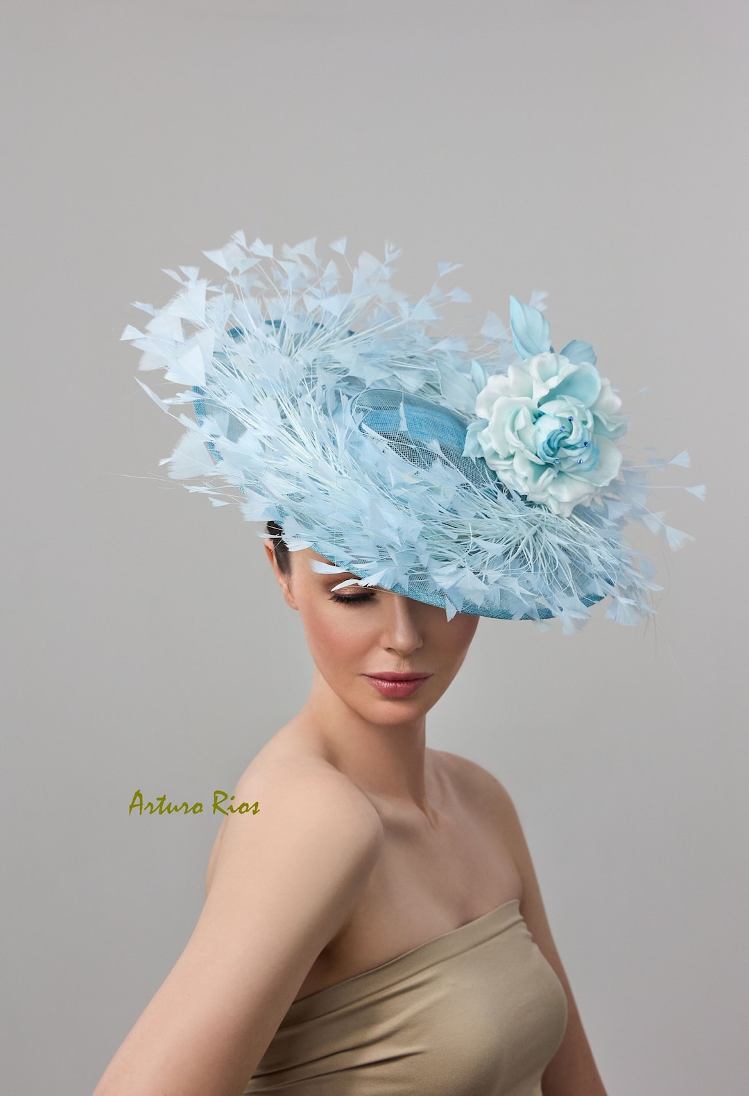 Baby Blue Feathered Hat, Disk Derby Hat With Turkey Feathers and Rose ...