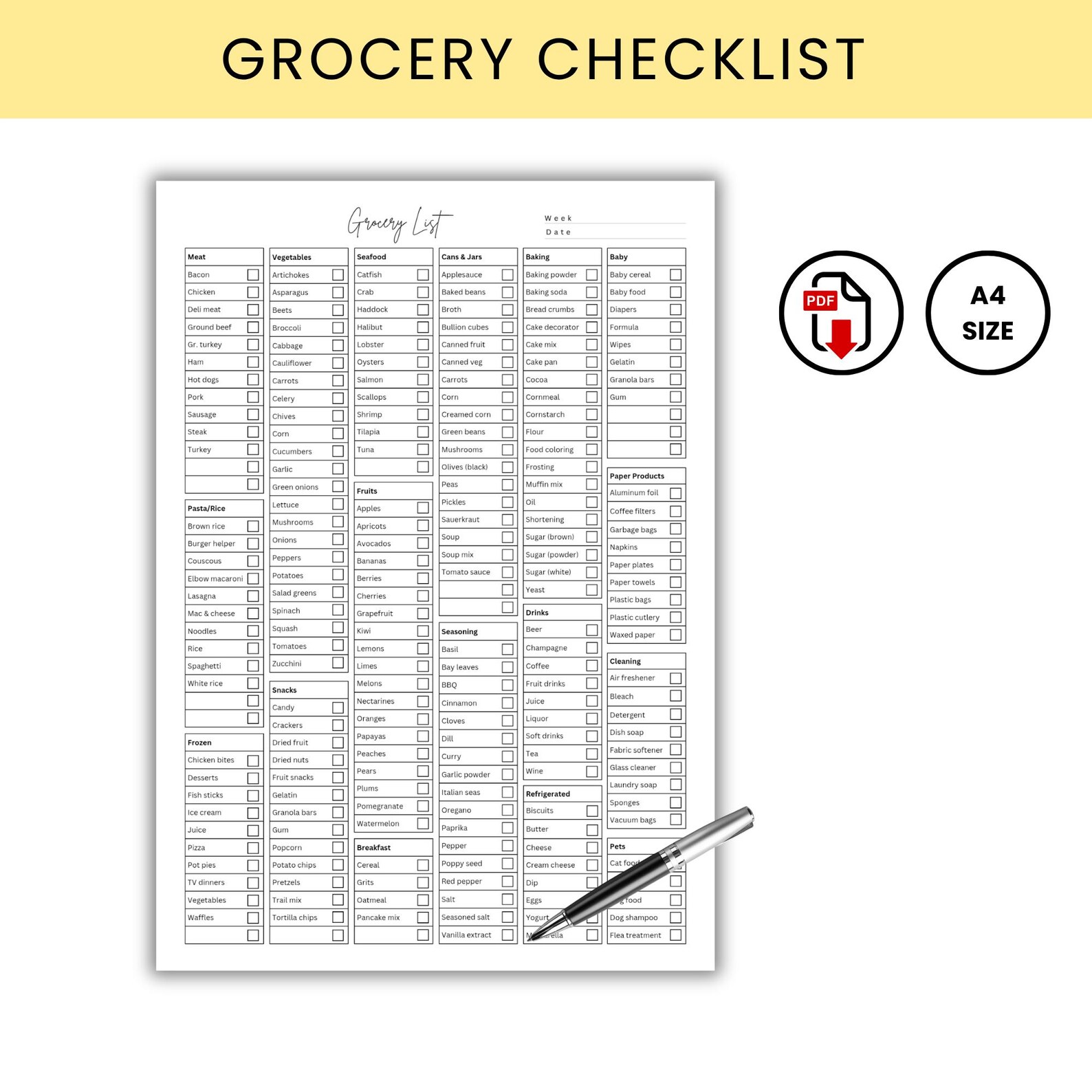 Printable Grocery Checklist: Meal Planner, Shopping List (A4 PDF ...