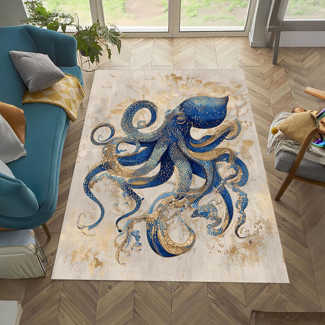 Blue Octopus Area Rug: 3D Print Velvet, Non-slip Cotton Base - Etsy