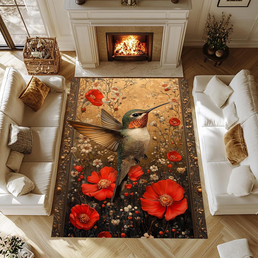 Hummingbird Floral Rug: Traditional Turkish Frame Style - Etsy