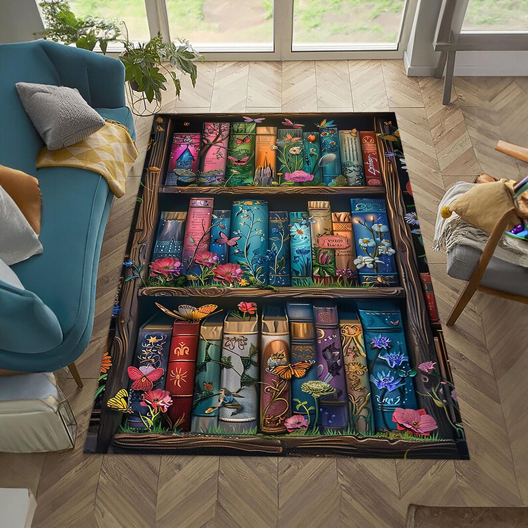 Colorful Bookshelf Area Rug: 3D Print Book & Flower Design - Etsy