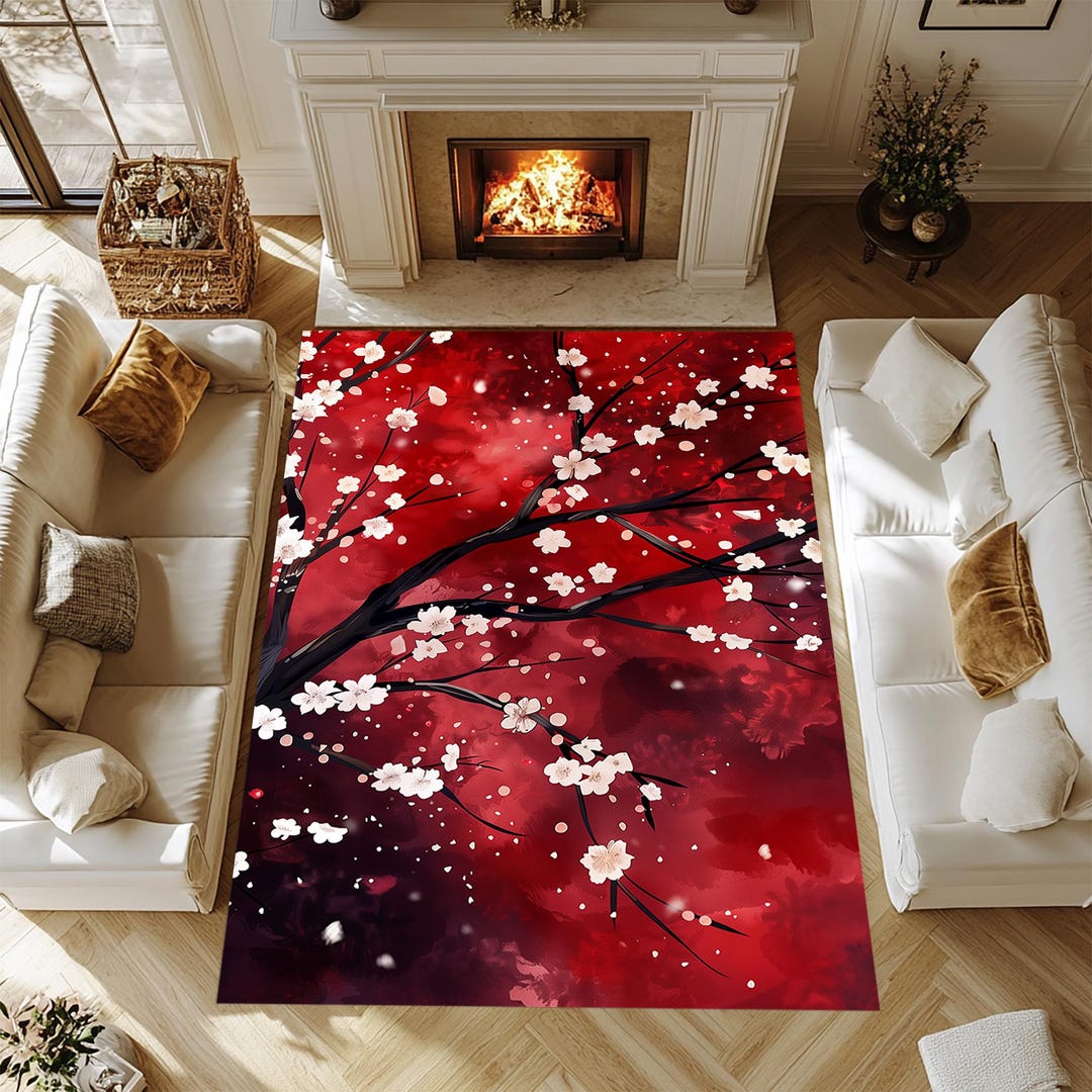 Plum Blossom Rug: Deep Red Winter Floral Carpet - Etsy