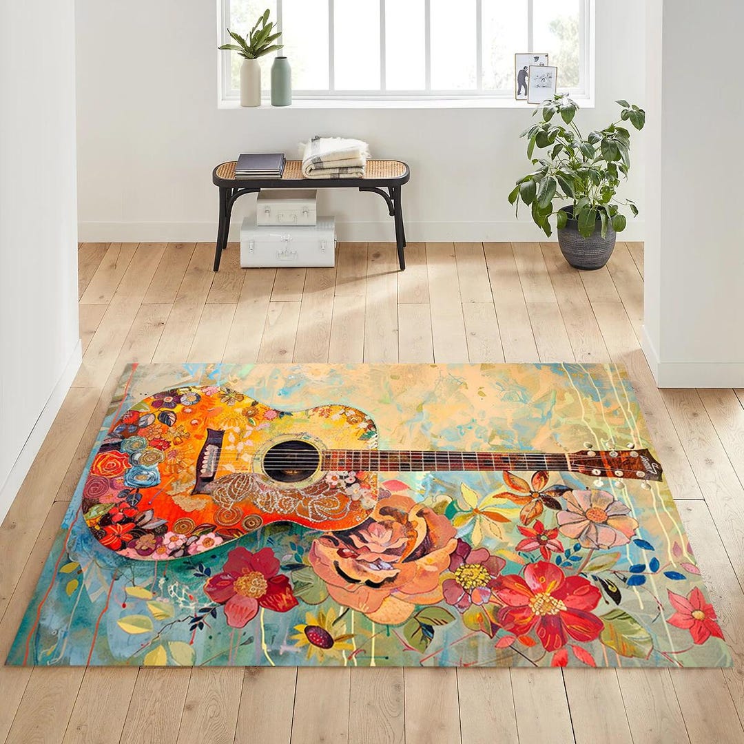 Floral Guitar Rug, Colorful Guitar Rug, Guitar Carpet, Guitar Rug ...
