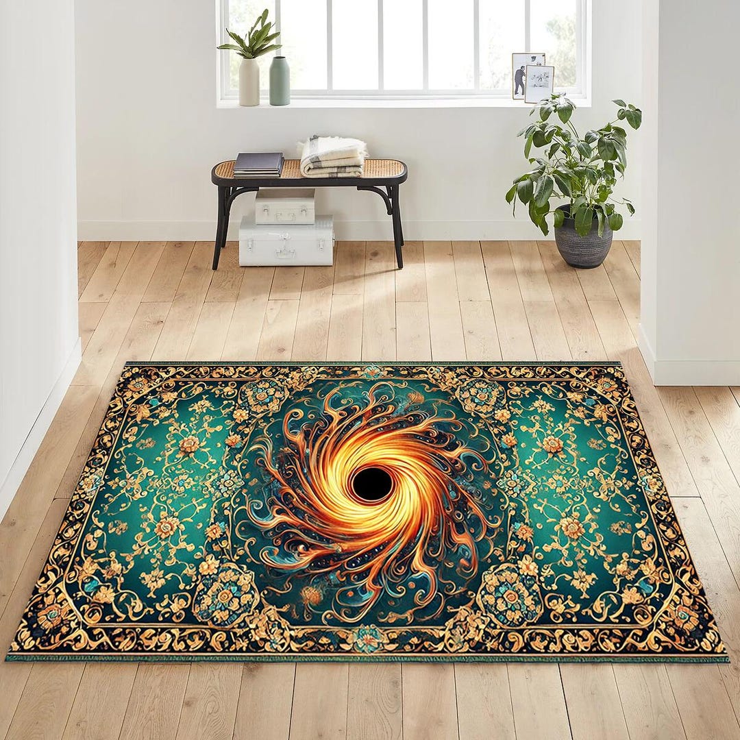 Floral Black Hole Area Rug: Persian Style Velvet, Non-slip Cotton Base ...