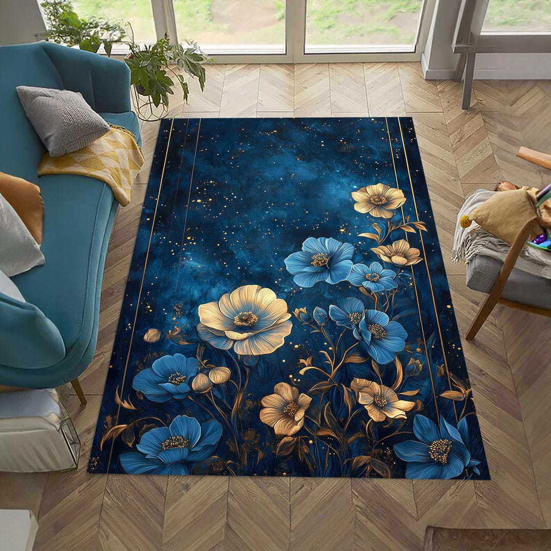 Blue Floral Velvet Rug: Ornate Flower Pattern Carpet - Etsy