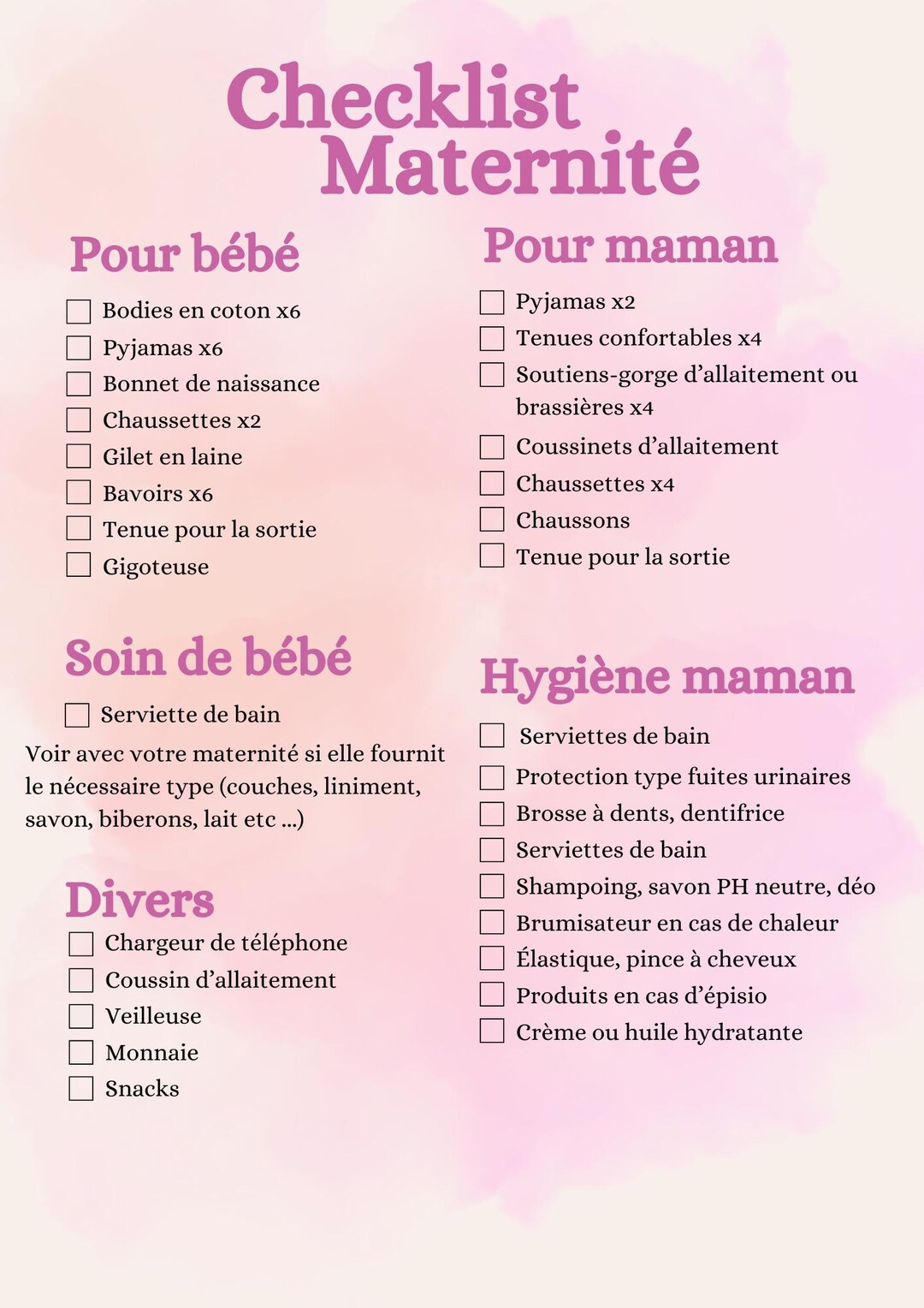 Maternity Checklist - Etsy