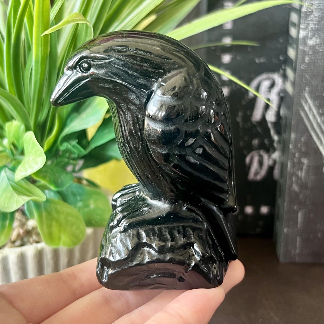 Black Obsidian Raven Carving, Hand Carved Natural Crystal Raven ...