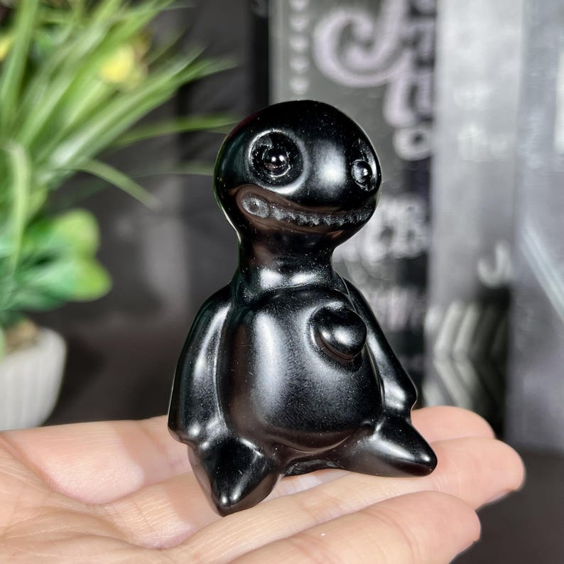 Natural Black Obsidian Alien Figurine, Hand Carved Protection Black ...