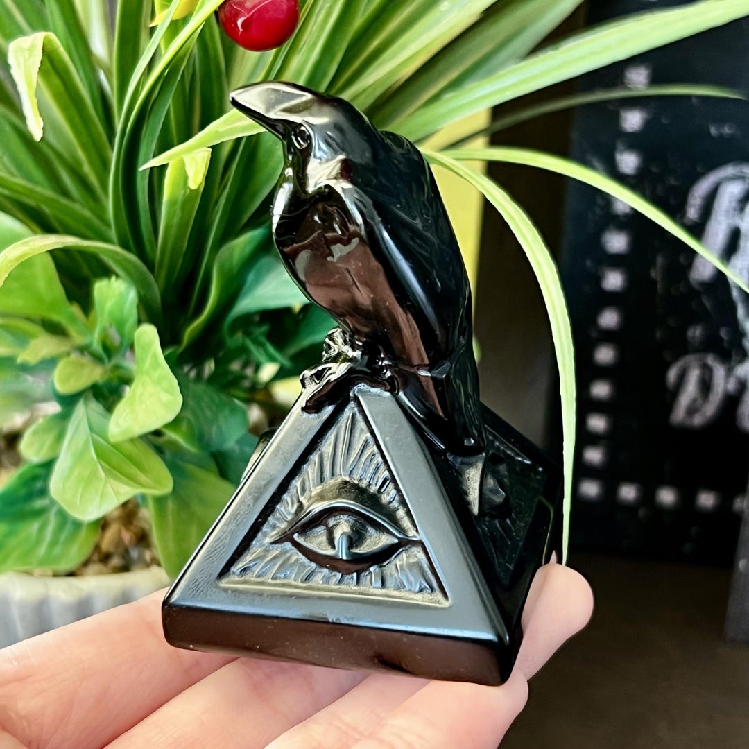 Black Obsidian Raven on All-seeing Eye Pyramid Figurine, Hand Carved ...