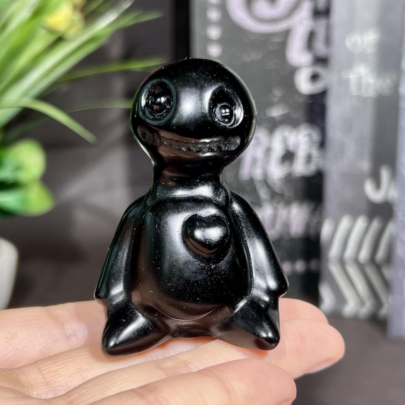 Natural Black Obsidian Alien Figurine, Hand Carved Protection Black ...