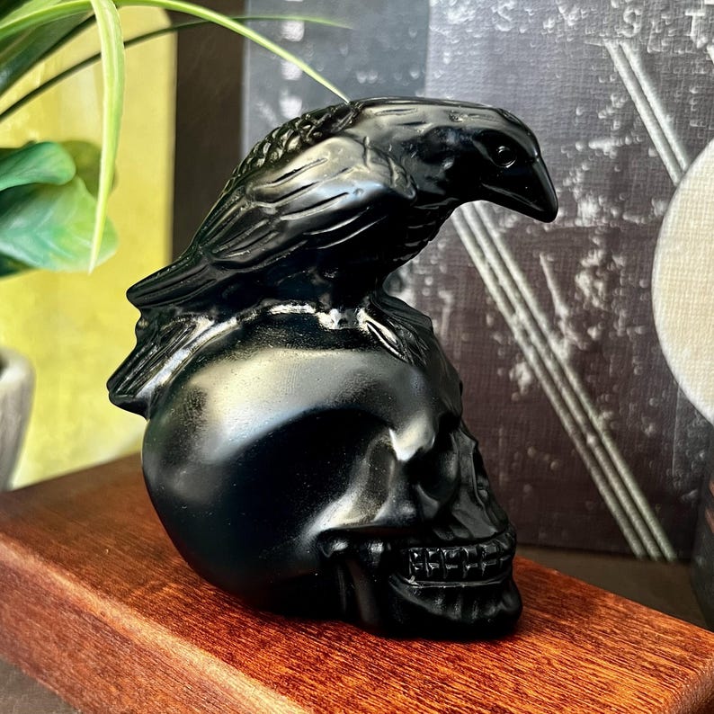 Black Obsidian Raven on Skull Figurine, Handcrafted Crystal Skull With ...