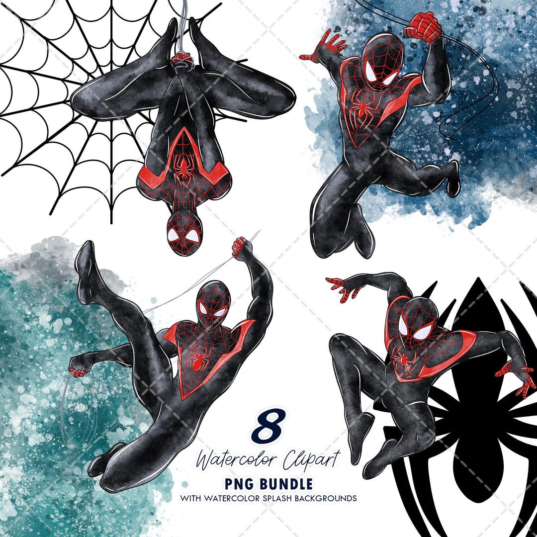 Miles Morales Clipart PNG Bundle, Watercolor Hand Drawn Illustrations ...