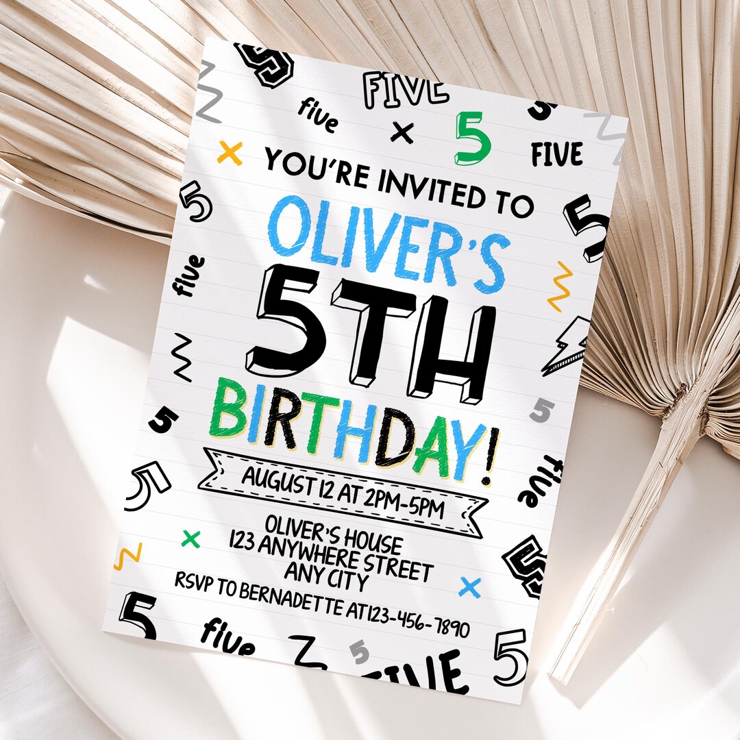 Personalized Boy 5th Birthday Invitation | Printable Fifth Boy Party ...