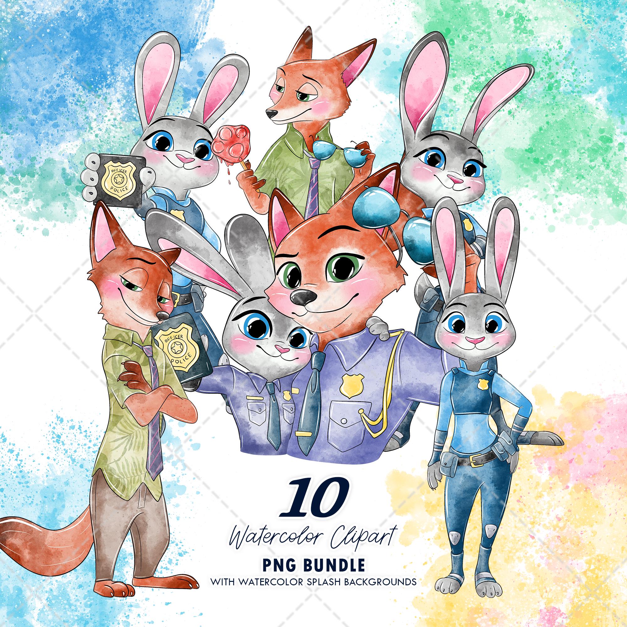 Zootopia Clipart PNG Bundle, Watercolor Hand Drawn Illustrations ...