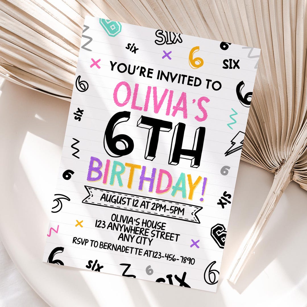 Personalized Girl 6th Birthday Invitation | Printable Girl Sixth Party ...