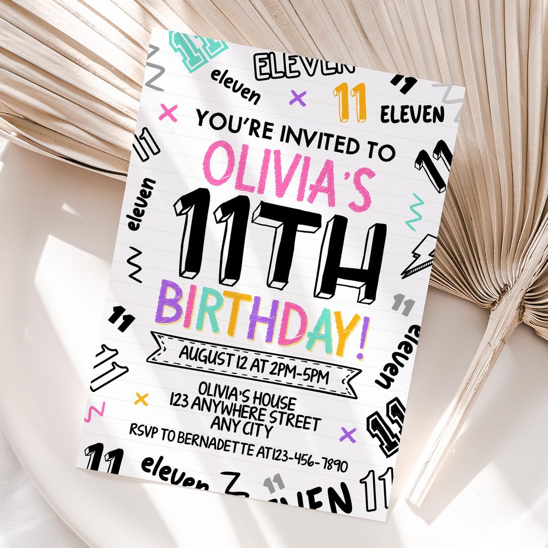 Personalized Girl 11th Birthday Invitation | Printable Girl 11th Party ...
