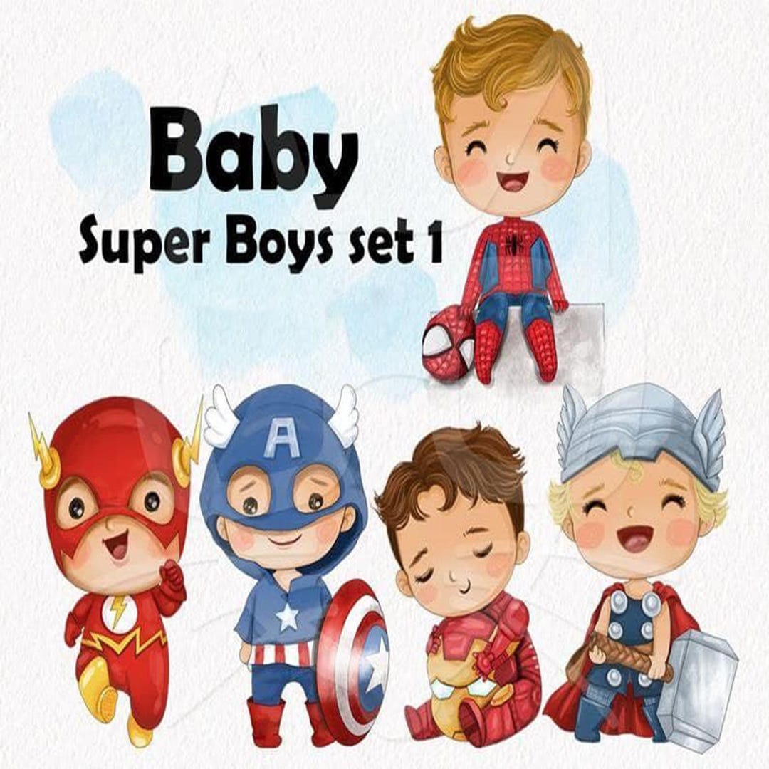 Baby Superheroes Clipart PNG Bundle, Watercolor Cute Superheroes PNG ...