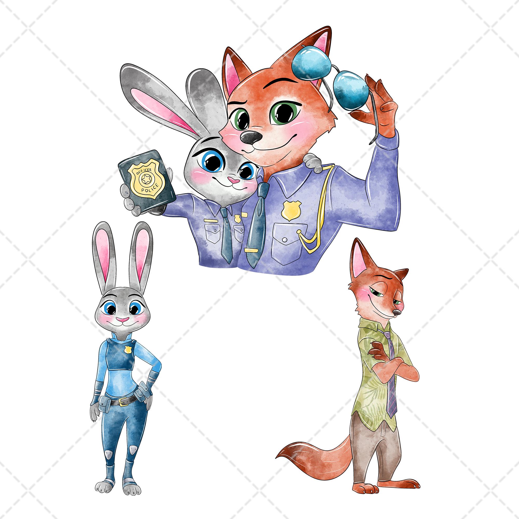 Zootopia Clipart PNG Bundle, Watercolor Hand Drawn Illustrations ...