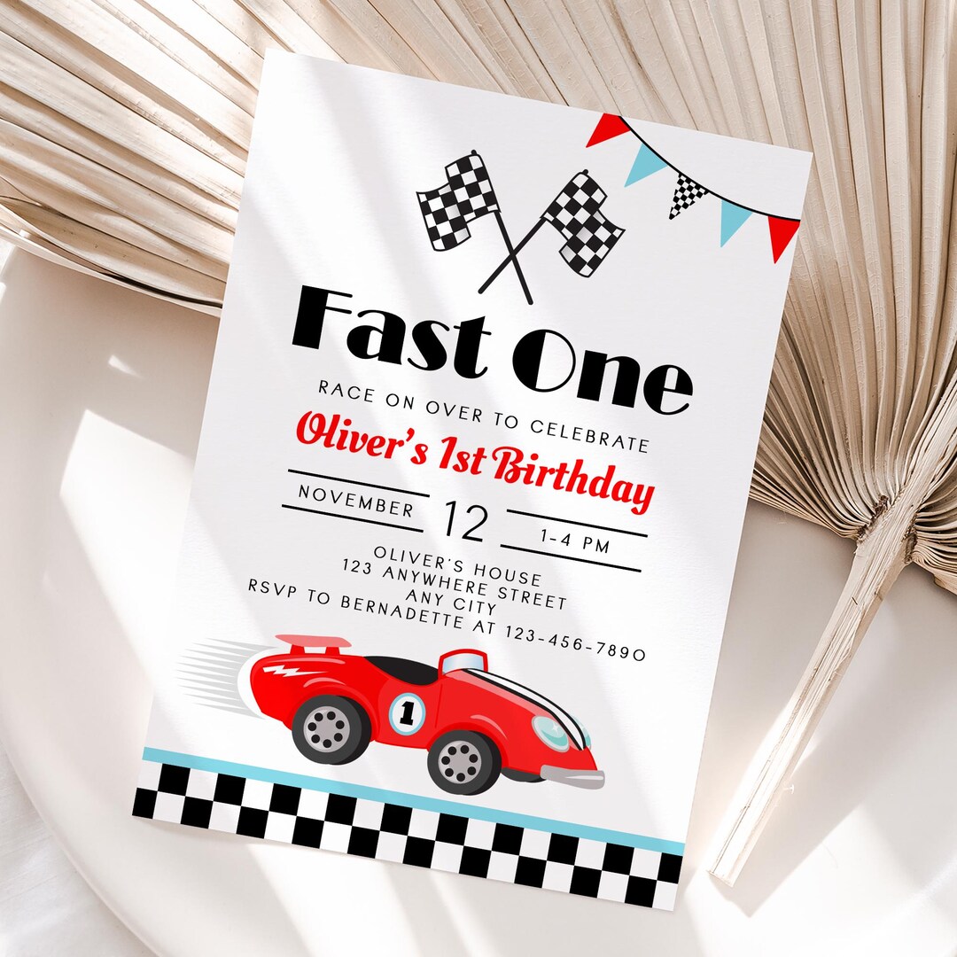 Personalized Race Car 1st Birthday Invitation | Custom Digital Birthday ...