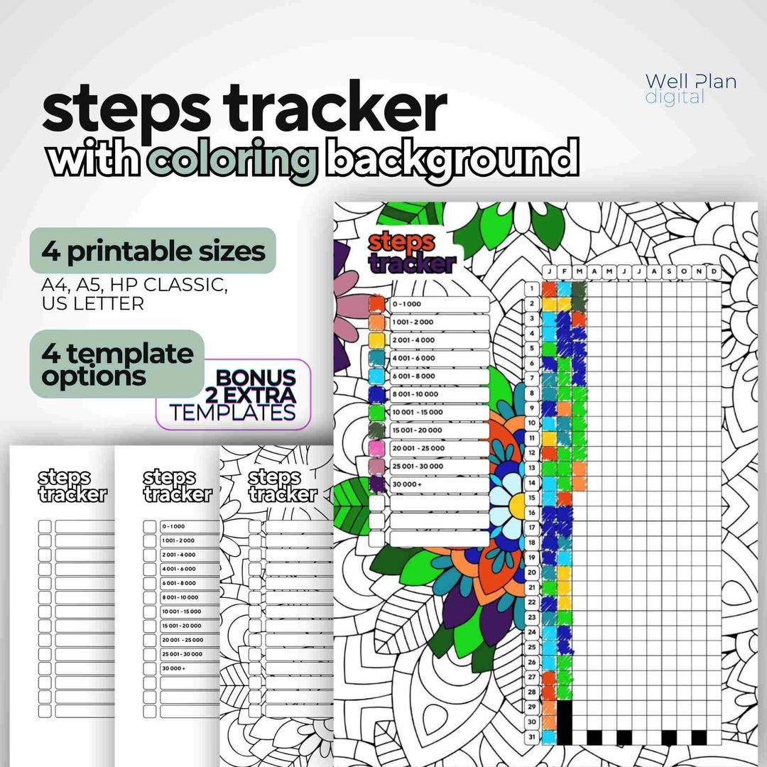 Steps Tracker, Printable Coloring Page, Daily Step Goals, Monthly ...