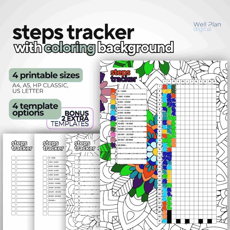 Steps Tracker, Printable Coloring Page, Daily Step Goals, Monthly ...