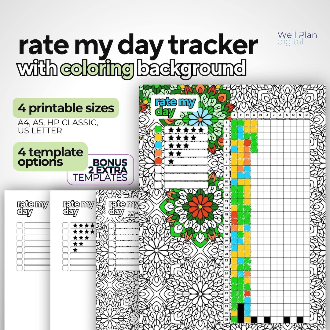 Printable Rate My Day Tracker With Coloring Page (A4, A5, US Letter, HP ...