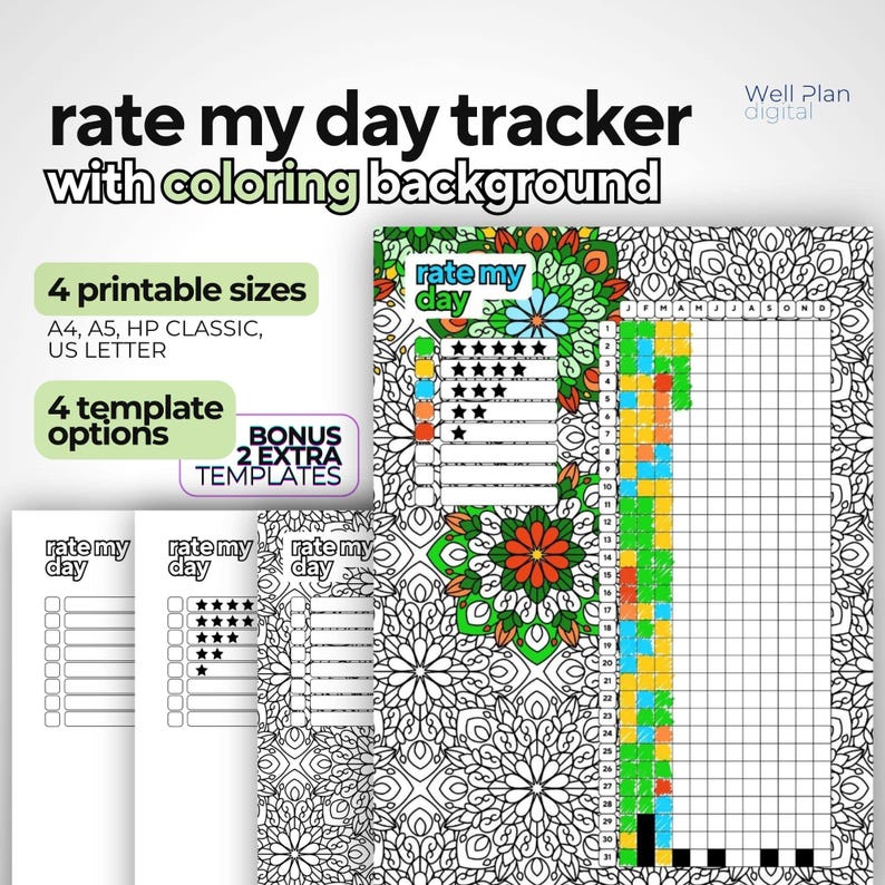 Rate My Day Tracker, Printable Coloring Page, Yearly Page, Bullet ...