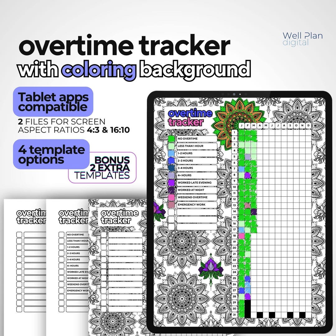 Digital Overtime Tracker: Bullet Journal With Coloring Pages, Work ...
