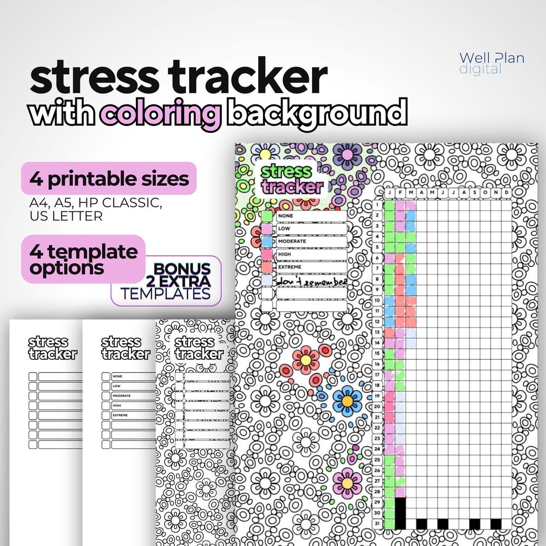 Stress Tracker | Printable Coloring Page | Yearly Stress Log | Mental ...