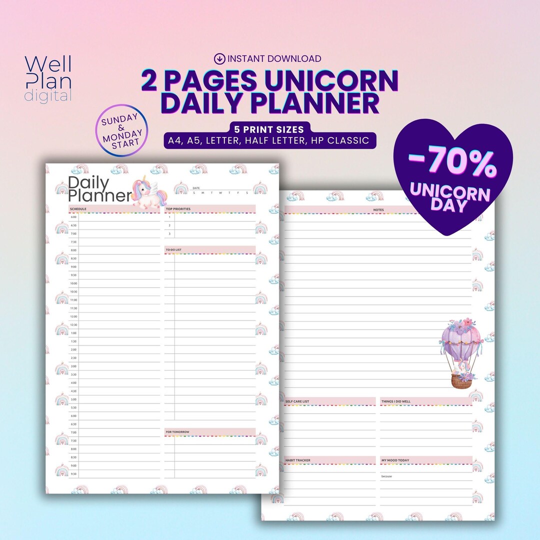 Daily Planner Unicorn, Printable PDF, Rainbow to Do List, Undated ...