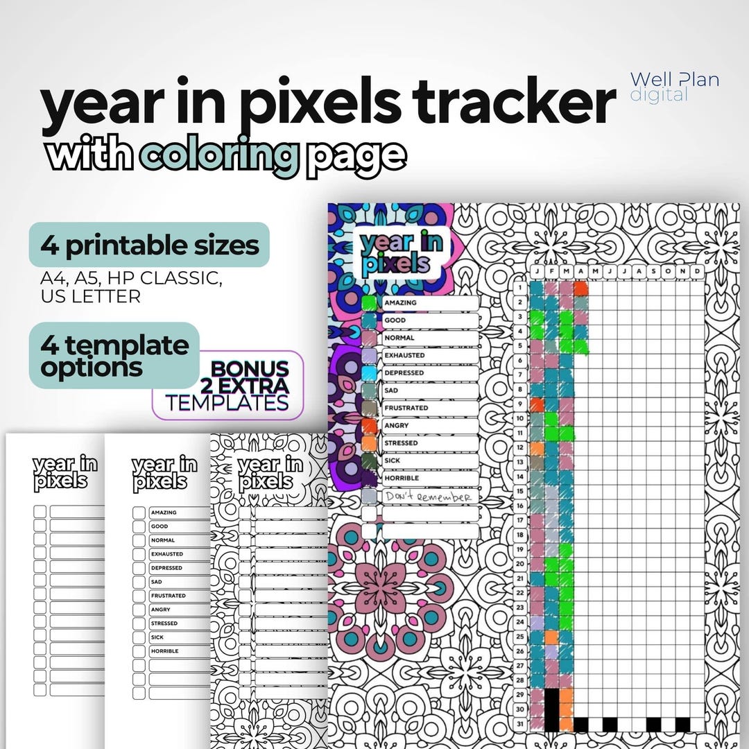 Year in Pixels Tracker, Printable Coloring Page, Daily Mood Journal ...
