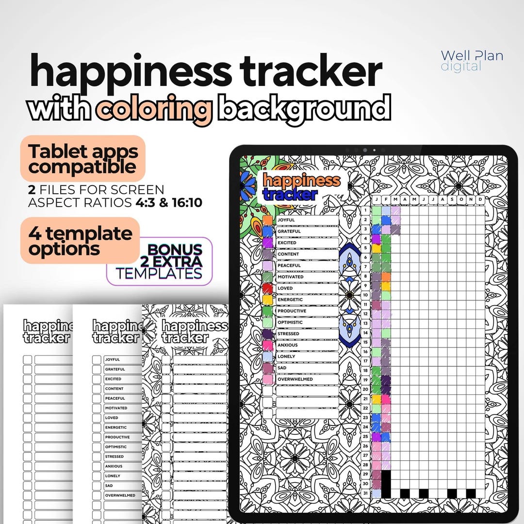 Digital Happiness Tracker: Mood Journal With Coloring Page (digital ...