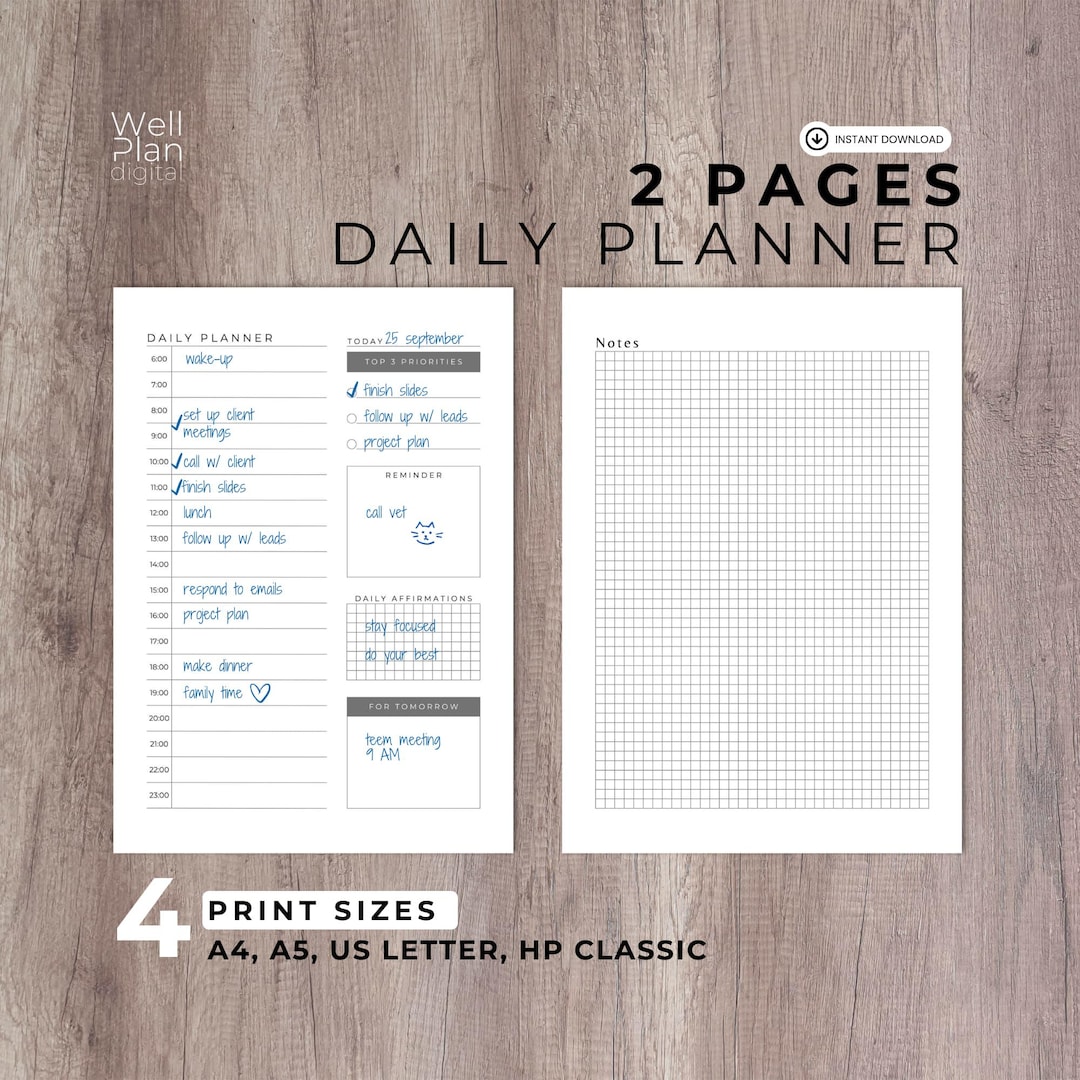 Printable Daily Planner: Undated Schedule (A4, A5, US Letter, HP ...