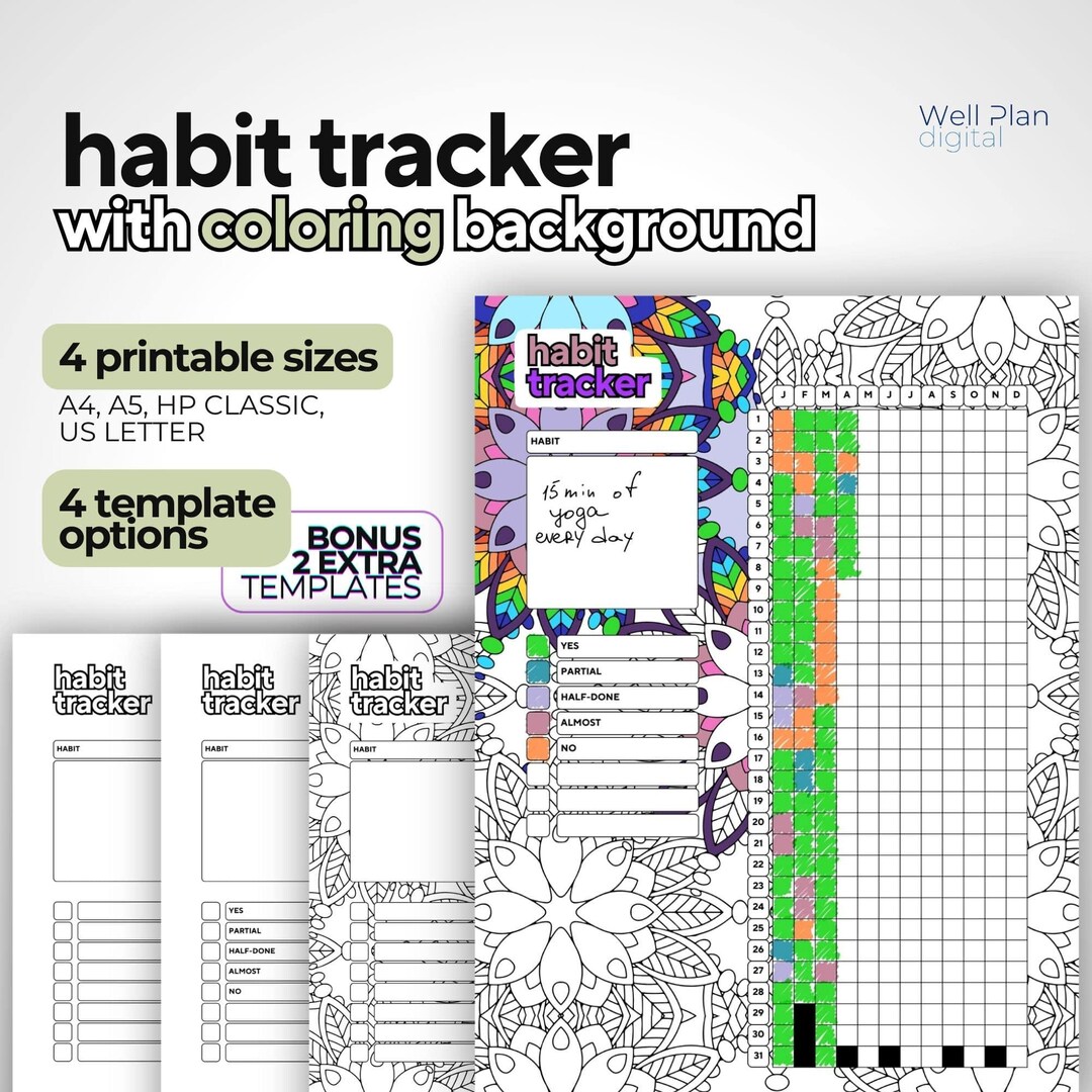 Habit Tracker, Printable Coloring Page, Yearly Tracker, Monthly Goal ...