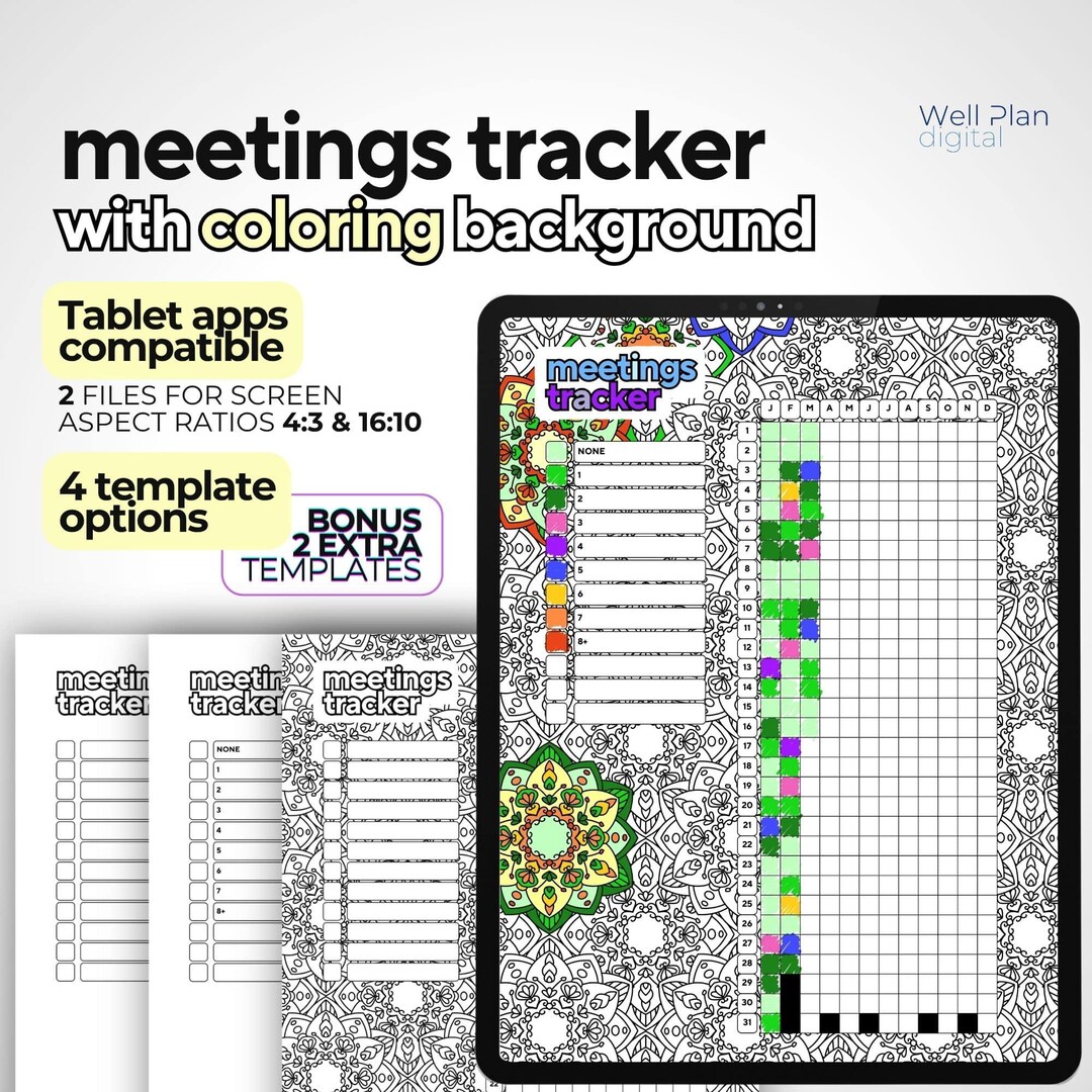 Digital Meetings Tracker: Coloring Page, Yearly Work Planner (digital ...