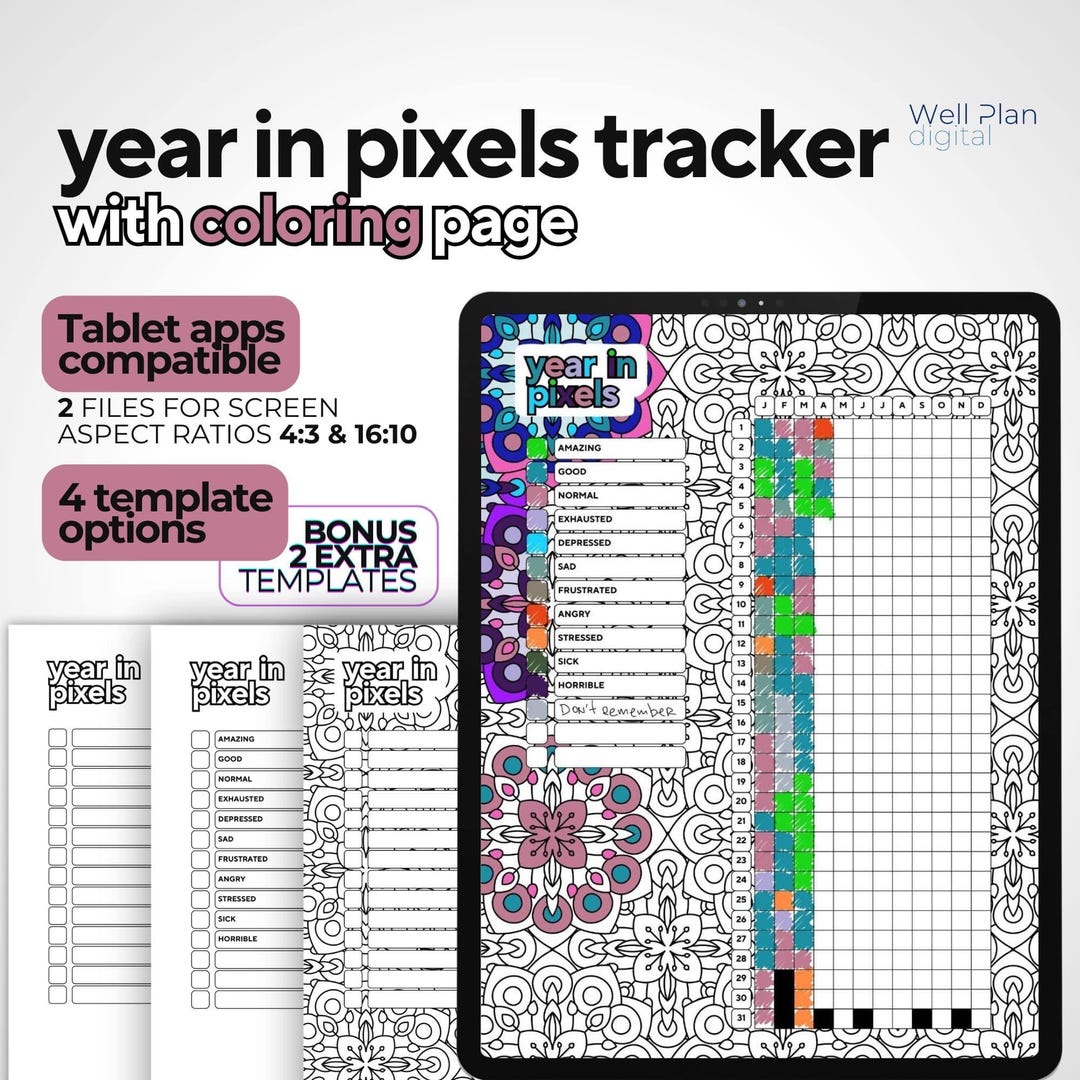 Year in Pixels Tracker, Digital Coloring Page, Daily Mood Journal, Rate ...