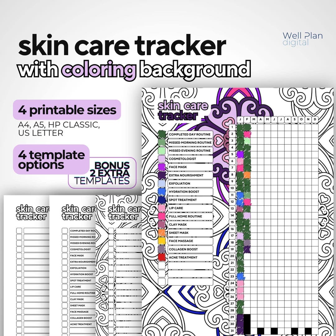 Skin Care Tracker Printable With Coloring Page | Undated Journal ...