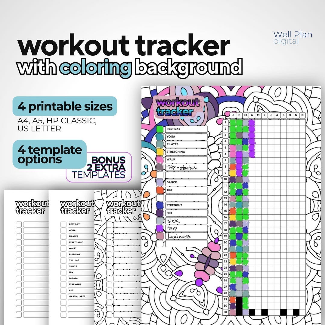 Workout Tracker, Printable Coloring Page, Yearly Workout Journal ...