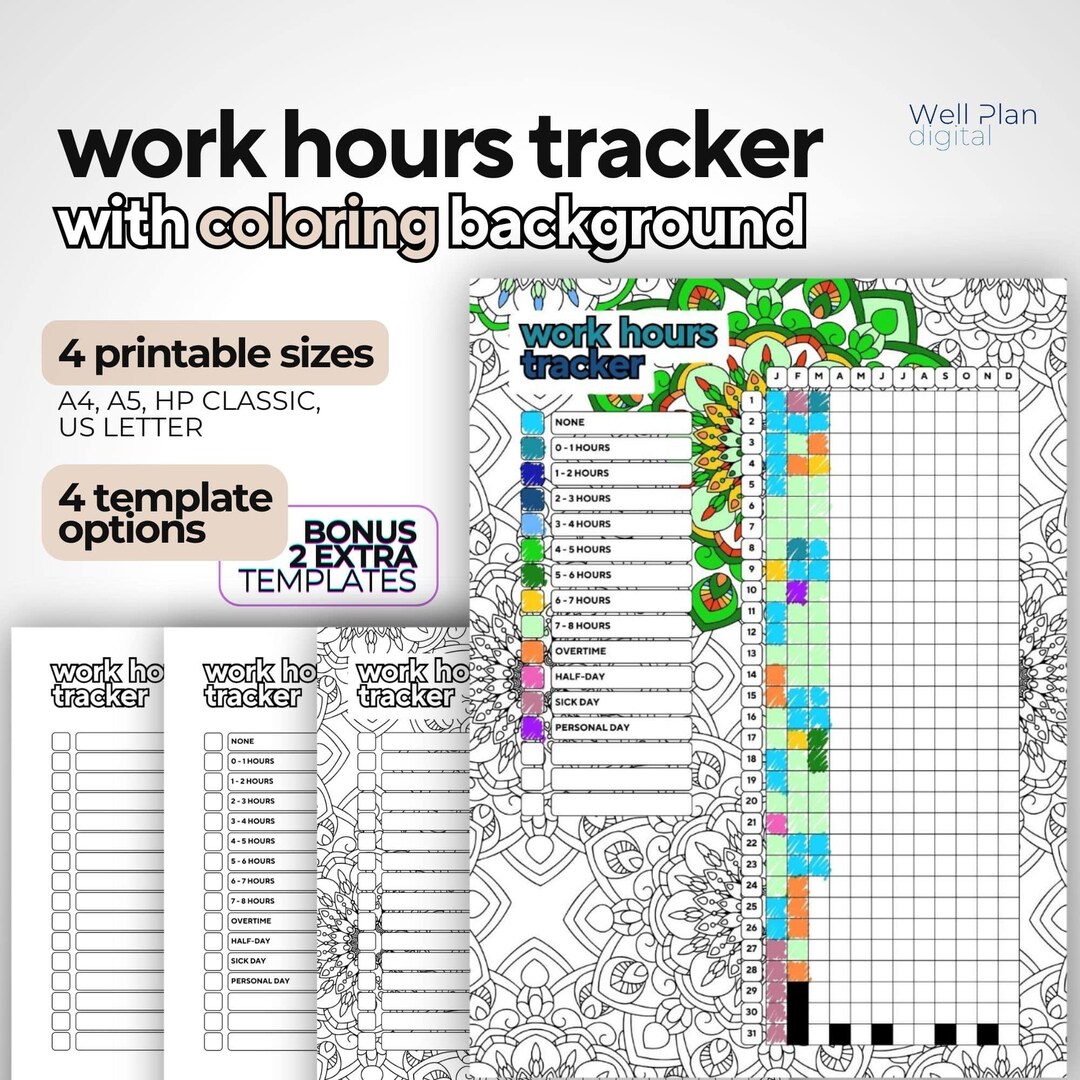 Work Hours Tracker Printable: Coloring Page, Overtime Tracker (A4, A5 ...