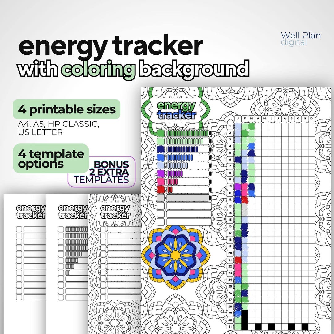 Energy Tracker Printable With Coloring Pages, Daily-monthly-yearly ...