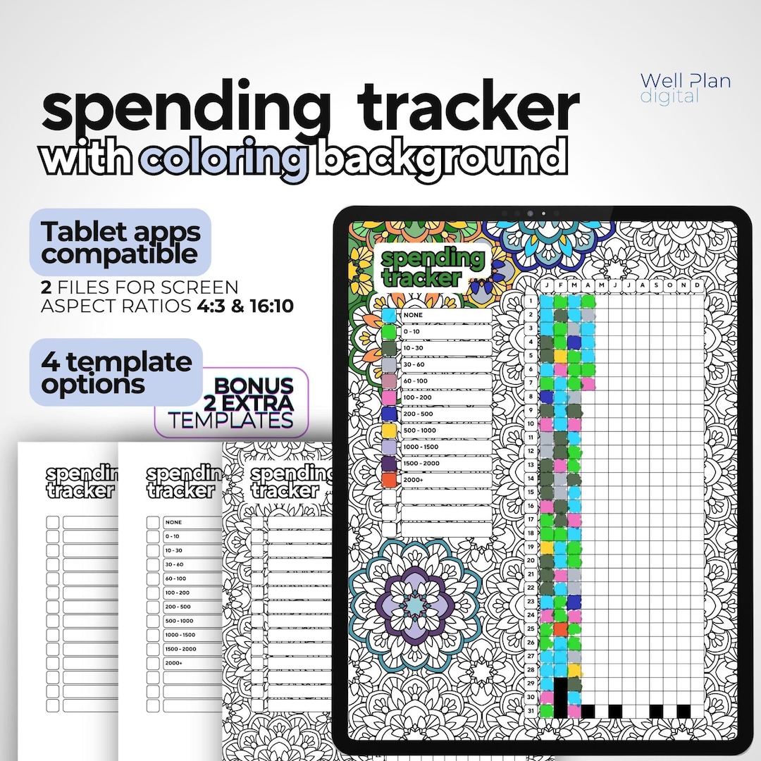 Spending Tracker, Digital Coloring Page, Yearly Expense Journal ...