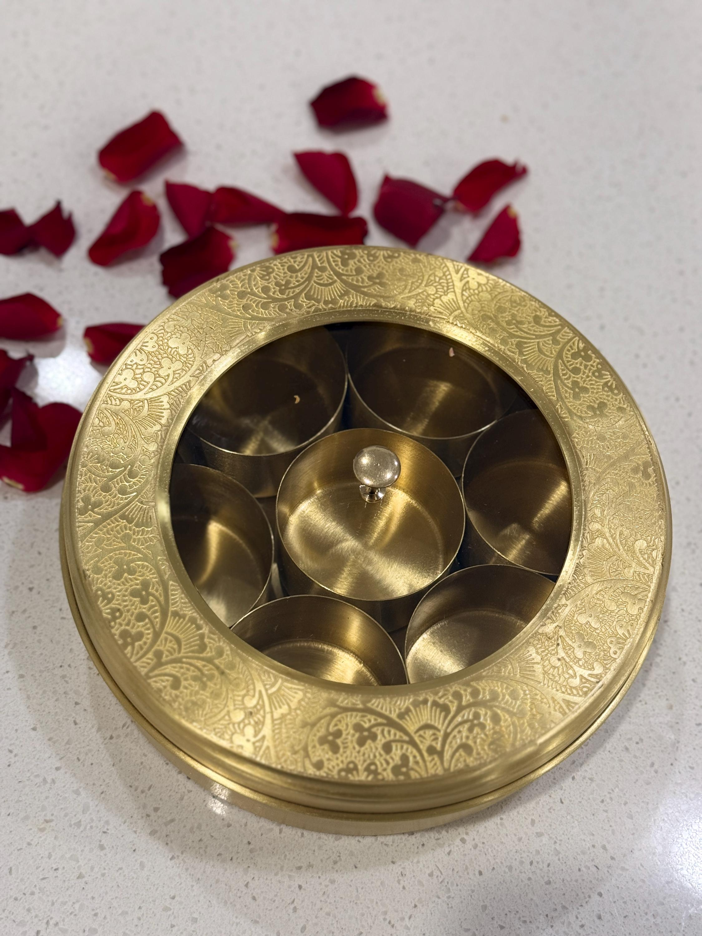 Mughal-style Brass Masala Box | Handmade Brass Spice Organizer ...