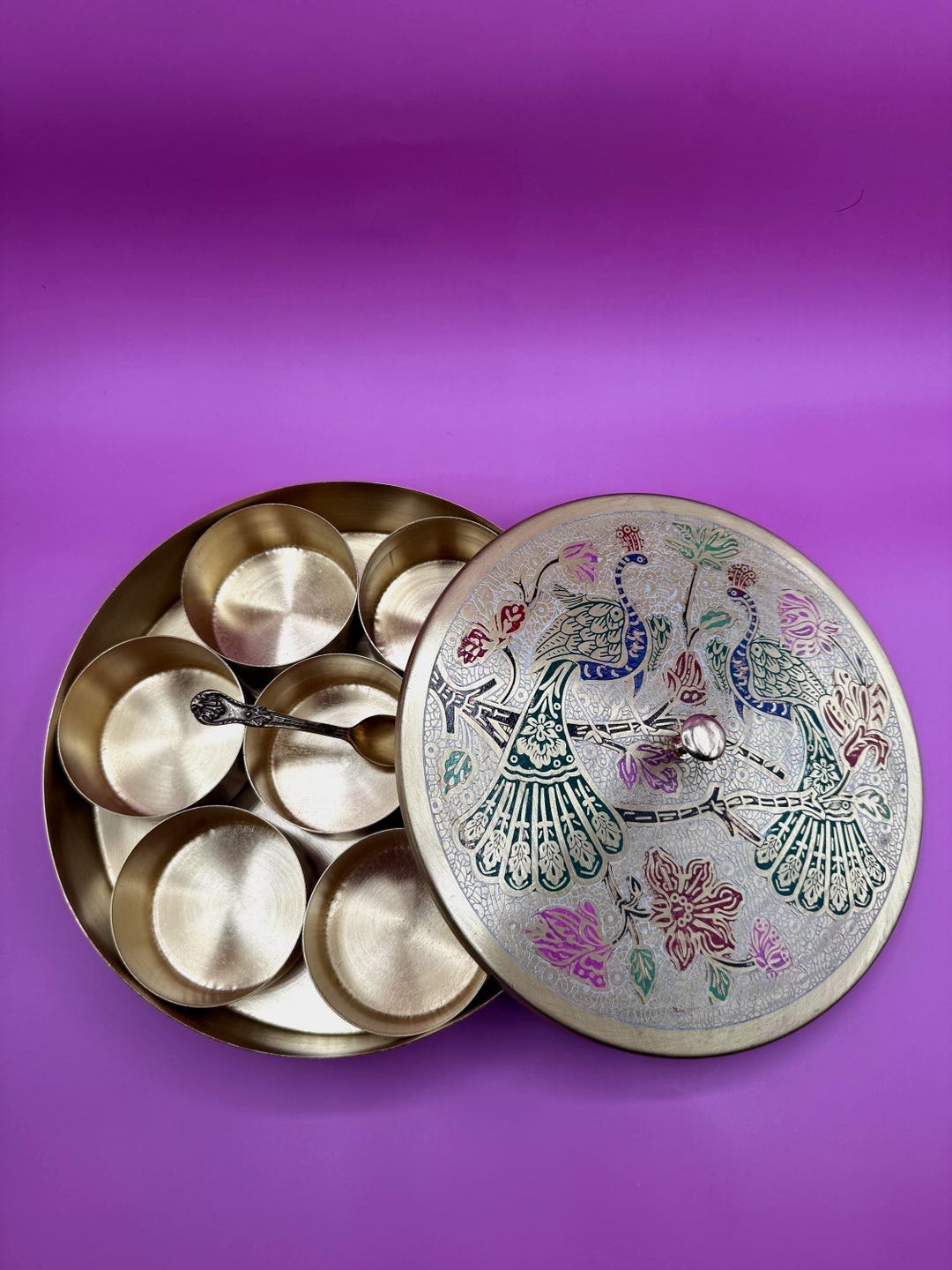 Peacock Embossed Brass Masala Box With Lid – Spice Storage | Decorative ...