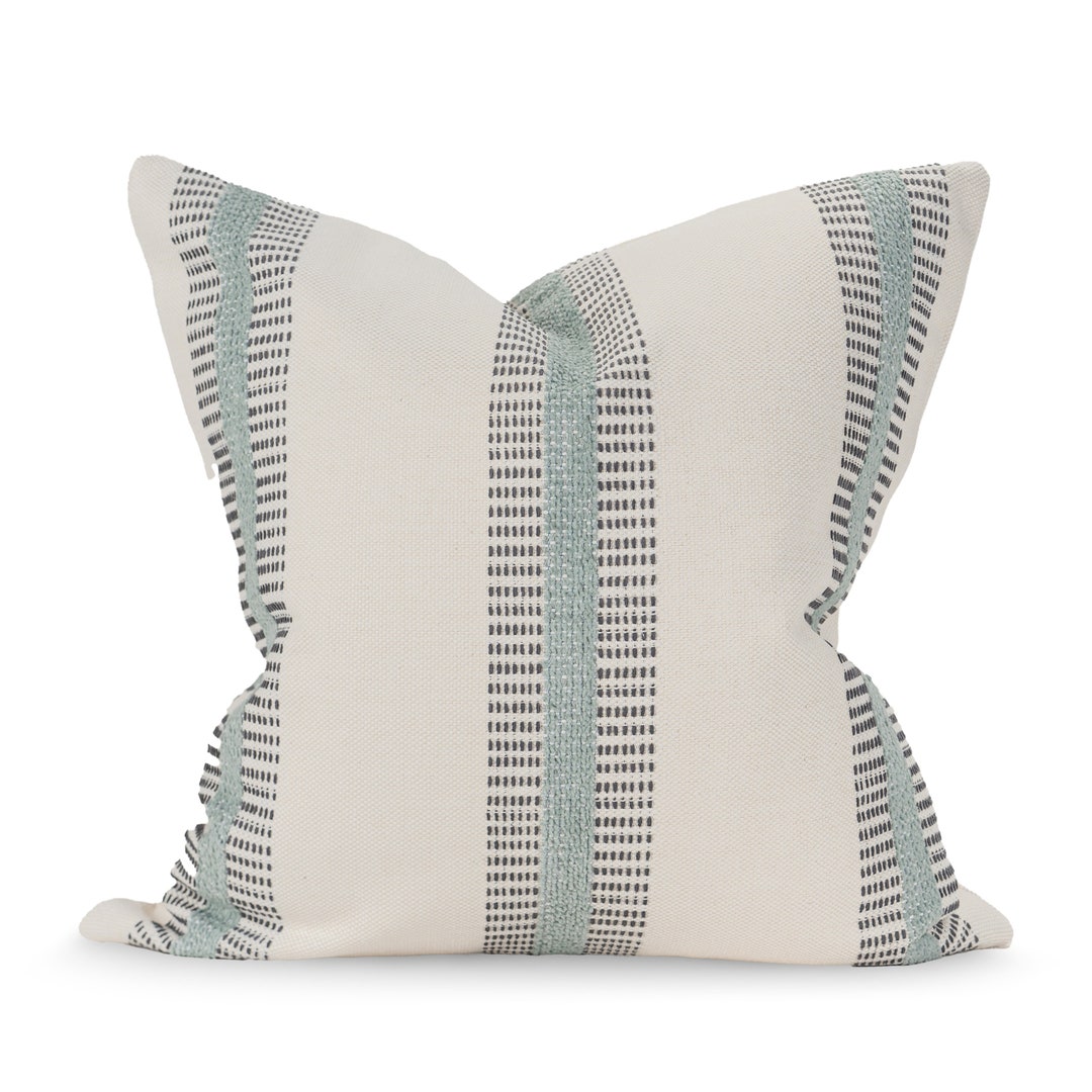 Bess Blue Stripe Chenille Throw Pillow Cover 22 X 22 Light Blue Stripe ...